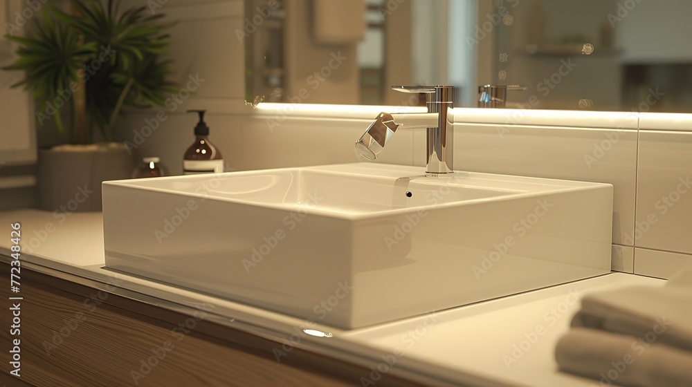 A white square sink is placed atop a bathroom counter, showcasing ...