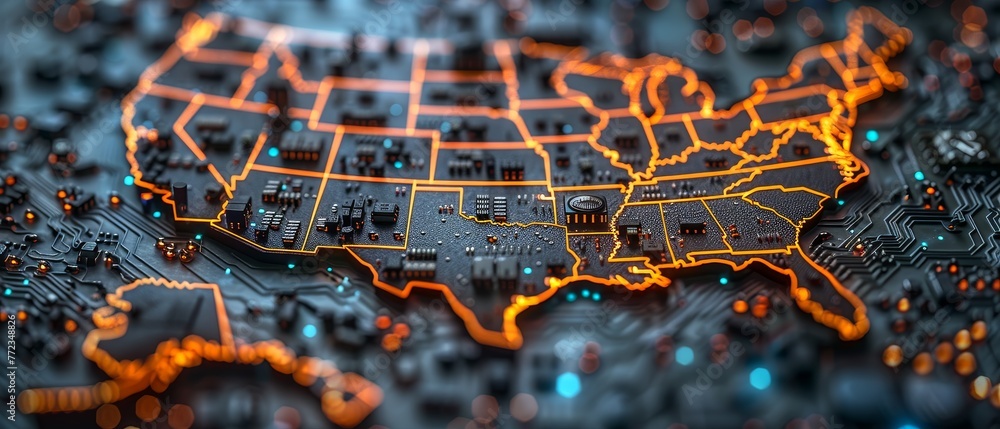USA technology map. Circuit USA as a circuit board with a chip or CPU ...