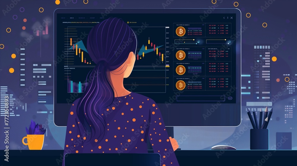 Trader with financial charts colorful funky cartoon illustration ...