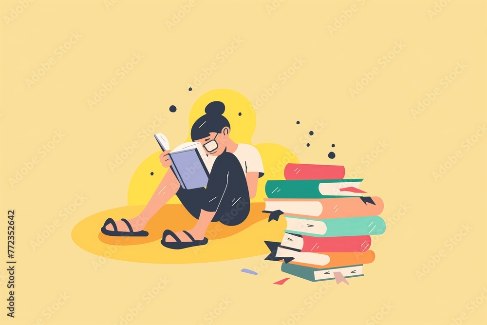 Girl reading a book, sitting while leaning on a pile of books, learning ...