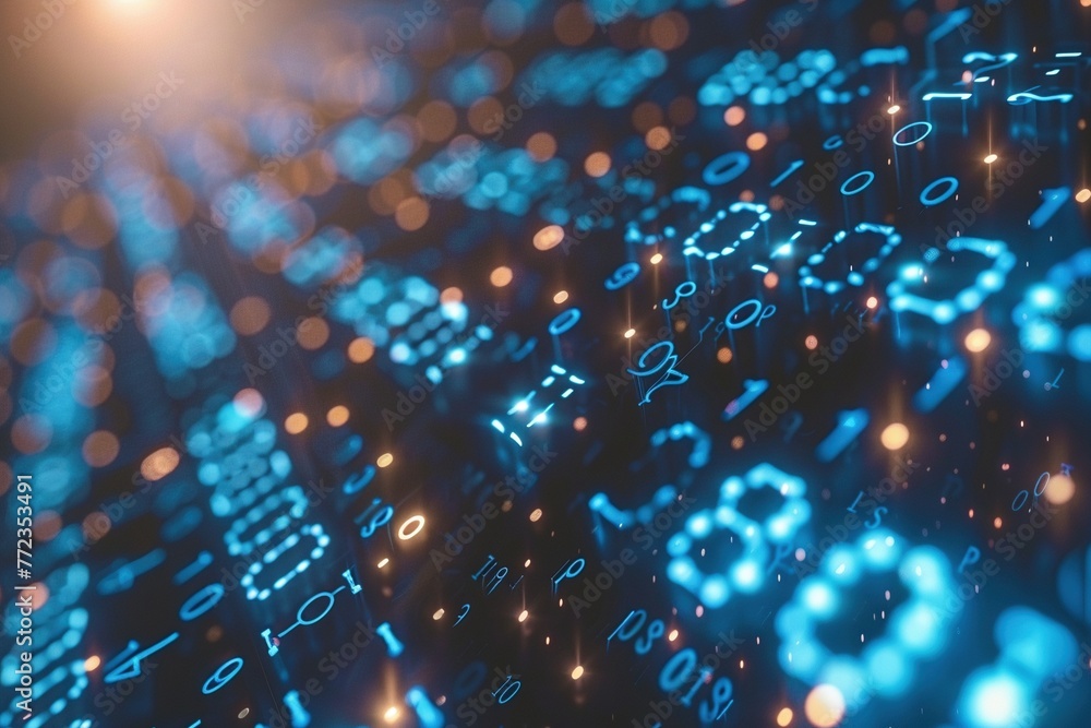 Data Stream Surge: A dark digital background explodes with vibrant blue light rays formed by ...