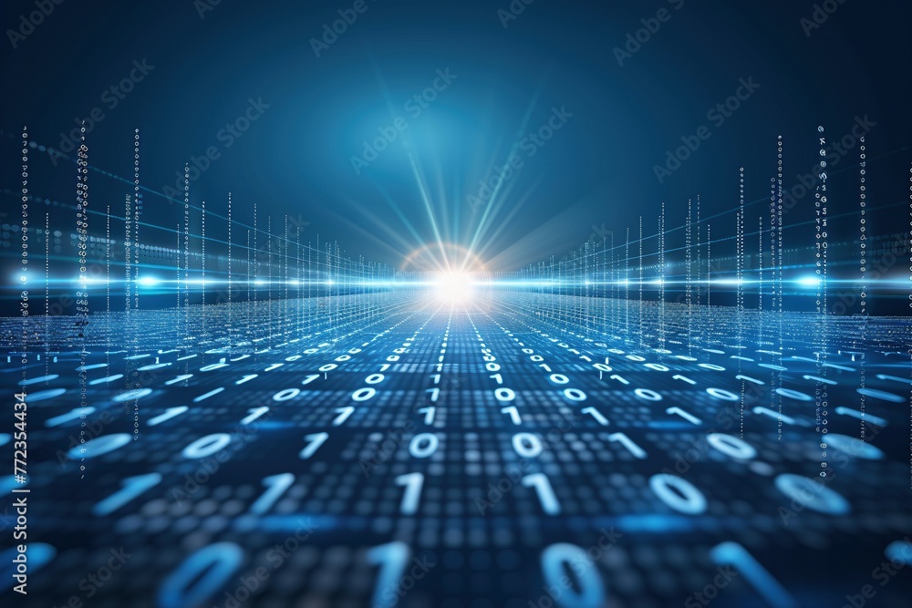 Binary Symphony: A dark digital stage comes alive with a symphony of light. Glowing blue binary ...