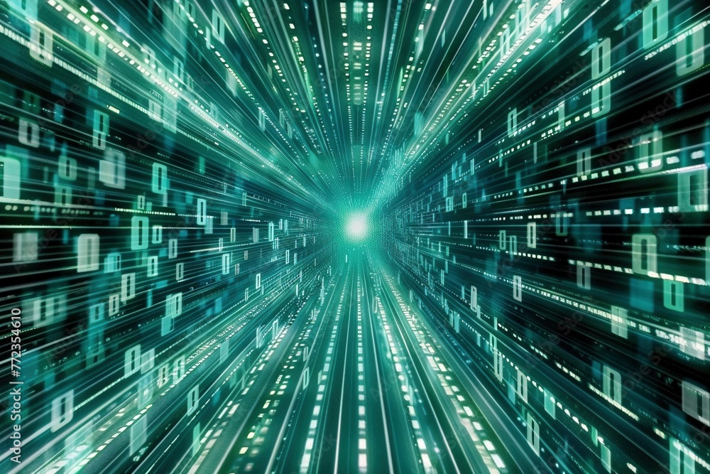 Binary Symphony: A dark digital stage comes alive with a symphony of light. Glowing blue binary ...