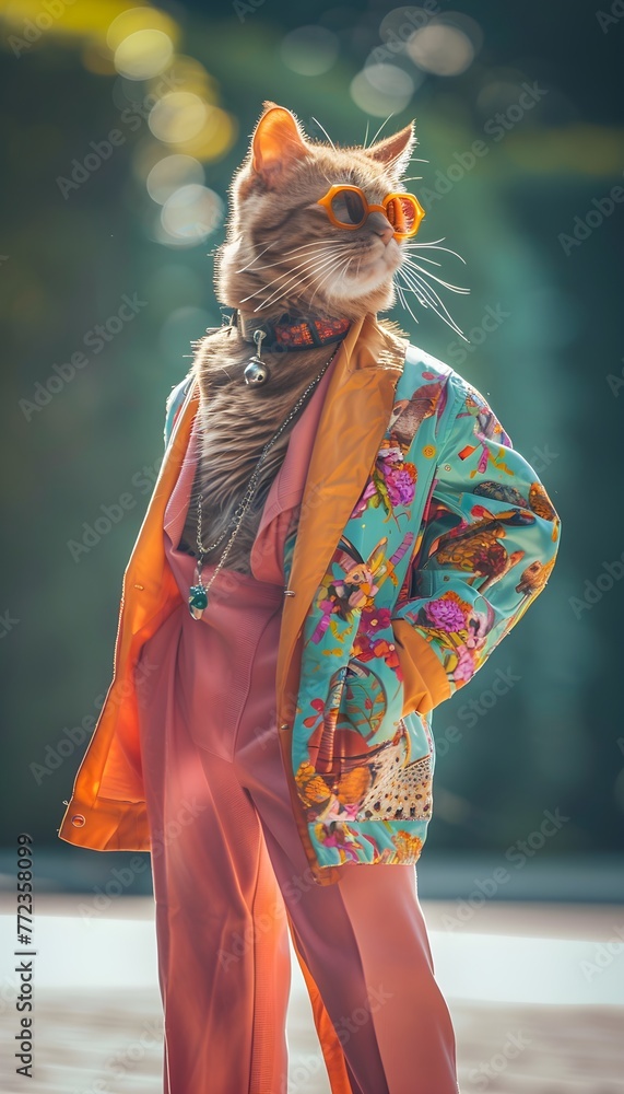 Illustration of a cat wearing a stylish colorful classy summer costume ...