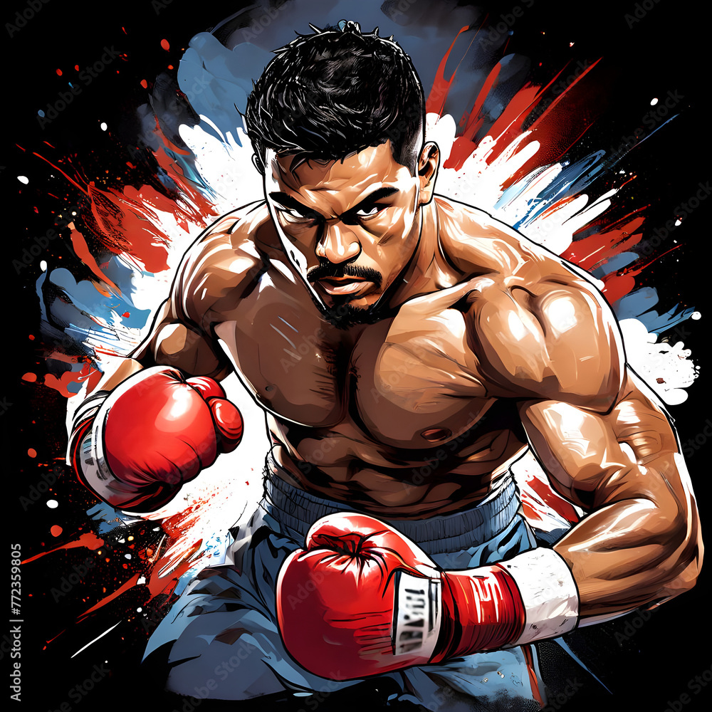 caricature of boxer man striking a poised boxing stance fist secured in ...