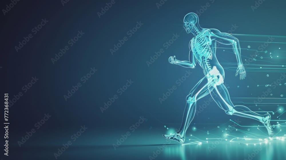 Orthopedic technology concept, x-ray interface, graphic of running man ...