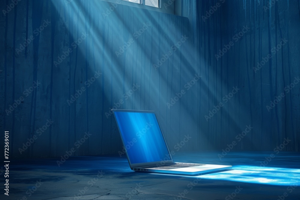 Concept of digital laptop for online learning. Light effect coming from an open laptop, e-book ...