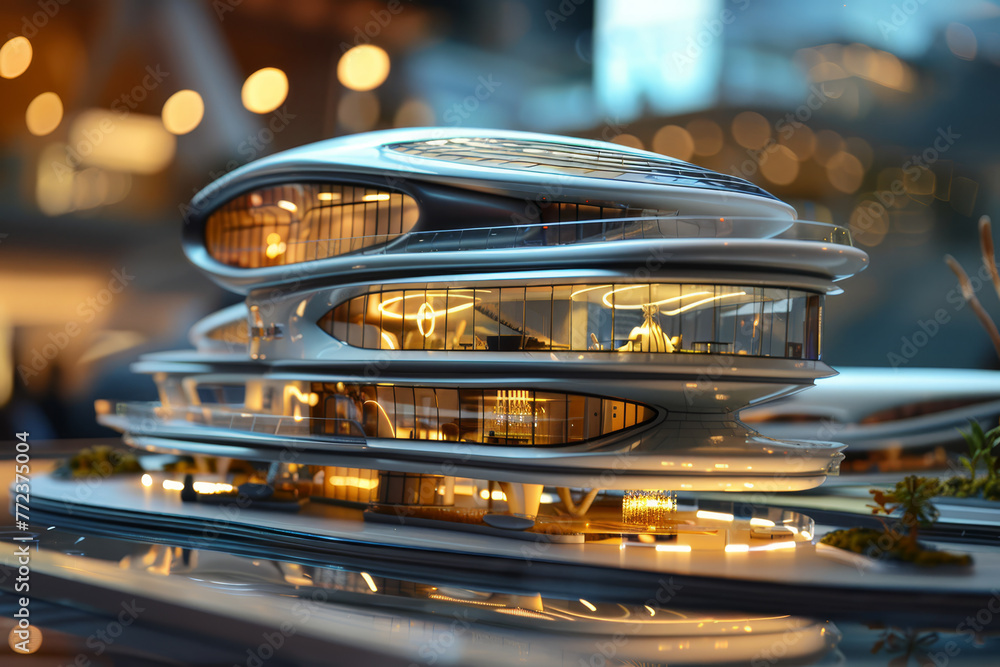 An illuminated scale model of a modern, futuristic building, showcasing ...