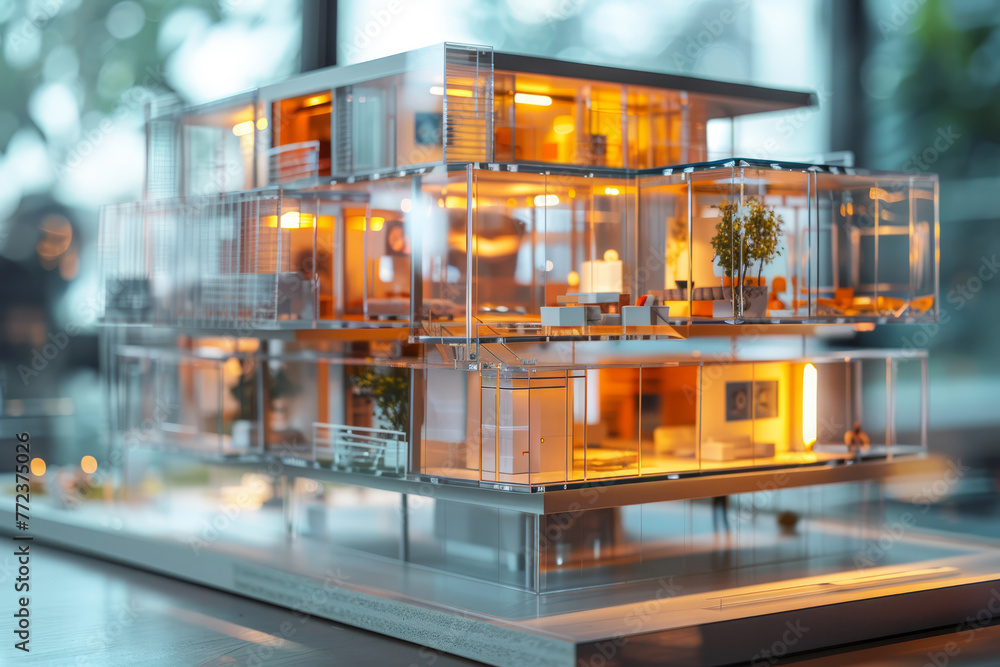 Detailed scale model of a modern skyscraper with miniature trees ...