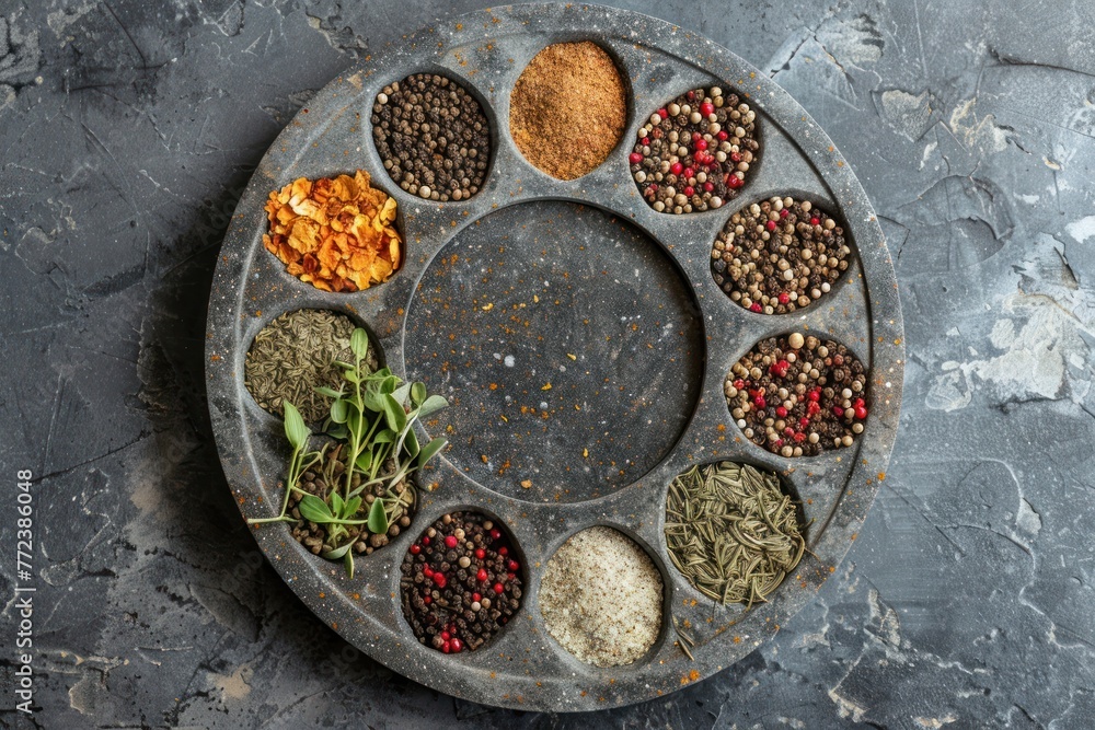 Beautiful empty round stone or rock tray with spices all around with ...