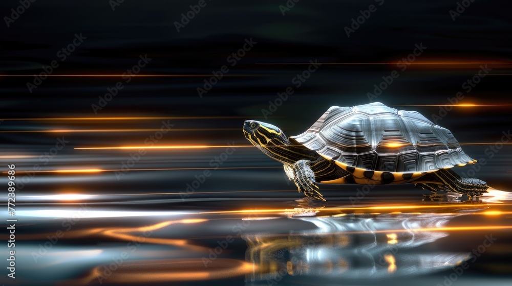 Moody 3D depiction of a turtle in turbo mode, light trails marking its ...