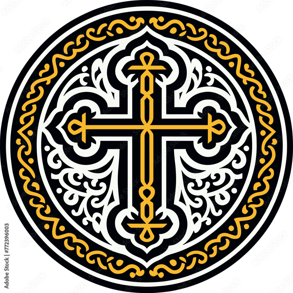 Vector illustration of an ornamental Christian cross, featuring a ...