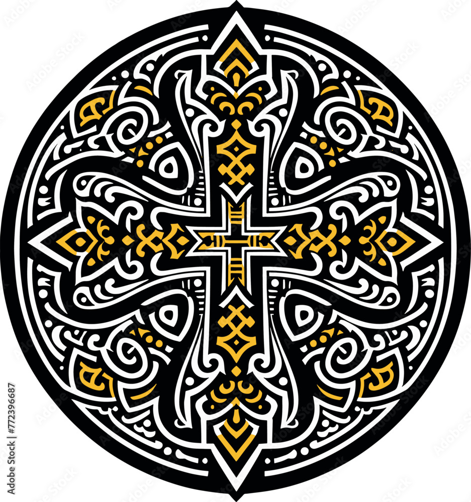 Vector illustration of an ornamental Christian cross, featuring a ...