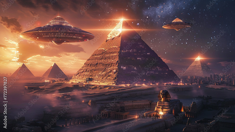 An alien ship seen above the ancient pyramids of Giza casting an ...