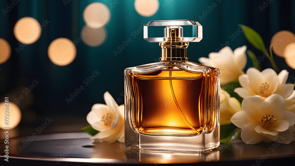 Imagine a golden perfume bottle surrounded by tags like glass, liquid ...