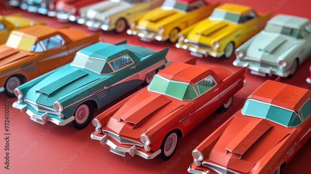 A row of paper cars are lined up on a red background. The cars are of ...