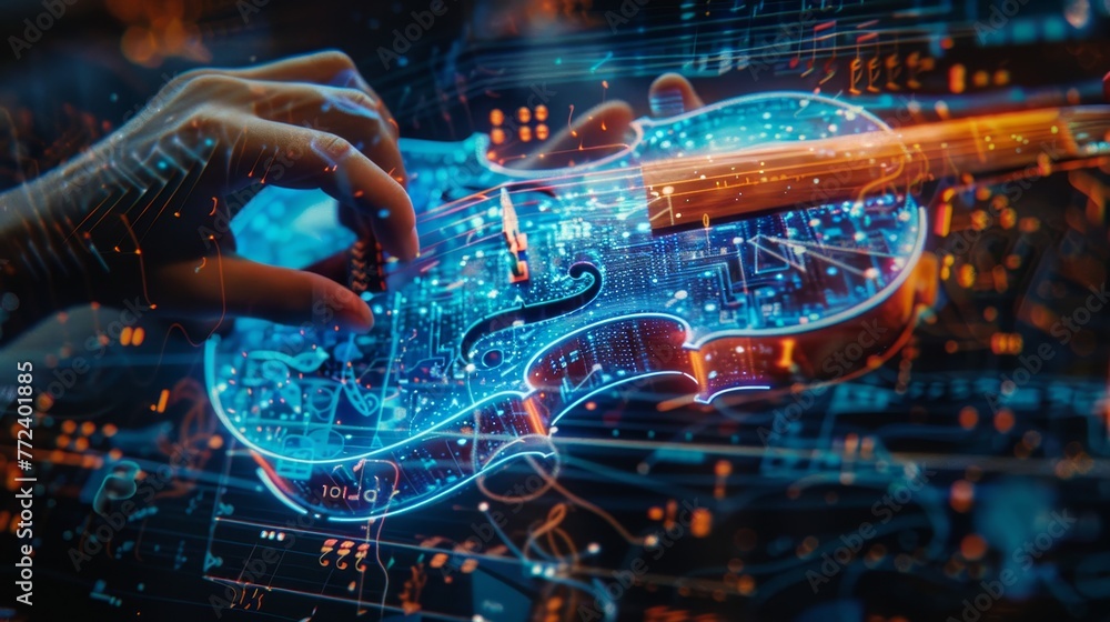 A hand is playing a digital violin with a blue and orange background ...