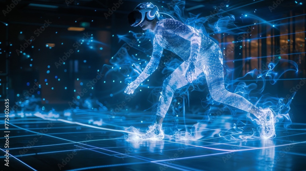 A man in a blue suit is running through a field of blue lights. The ...