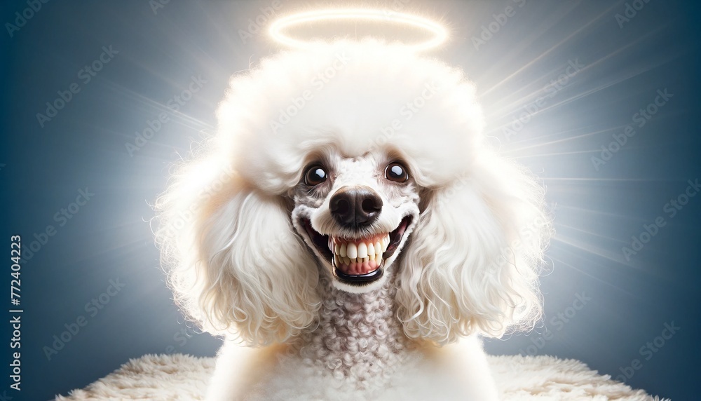 a white long-haired poodle with an exaggerated, comically wide smile ...