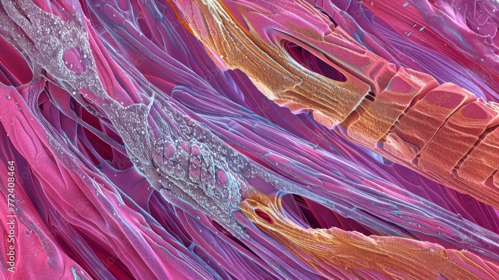 Microscopic view of muscle fibers, illustrating the striations and ...