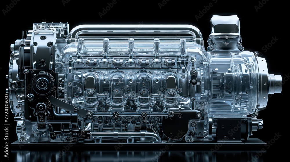X-ray style illustration of a transparent car engine with visible ...