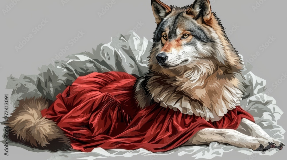 A picture of a wolf in a red dress reclining on a bed, covered by a ...