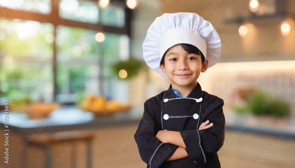Happy funny little boy chef wearing chef hat and uniform cross arms ...