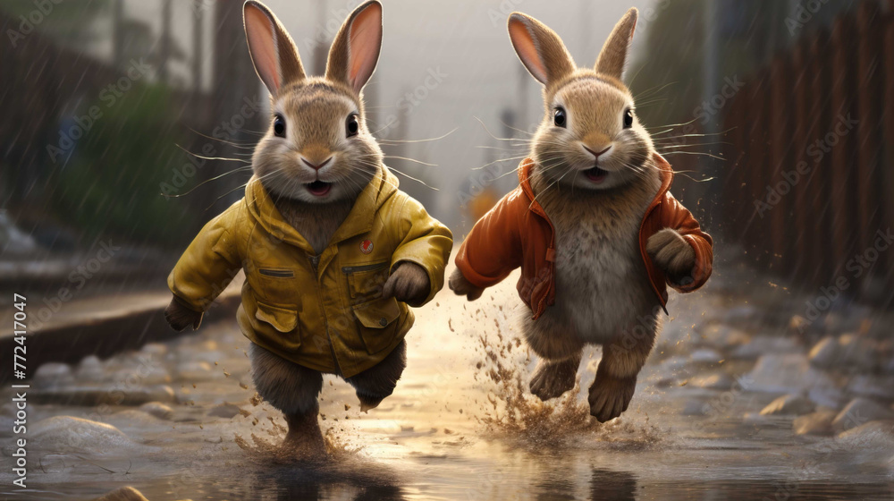 cartoon network, two rabbits running in the rain, on muddy land ...