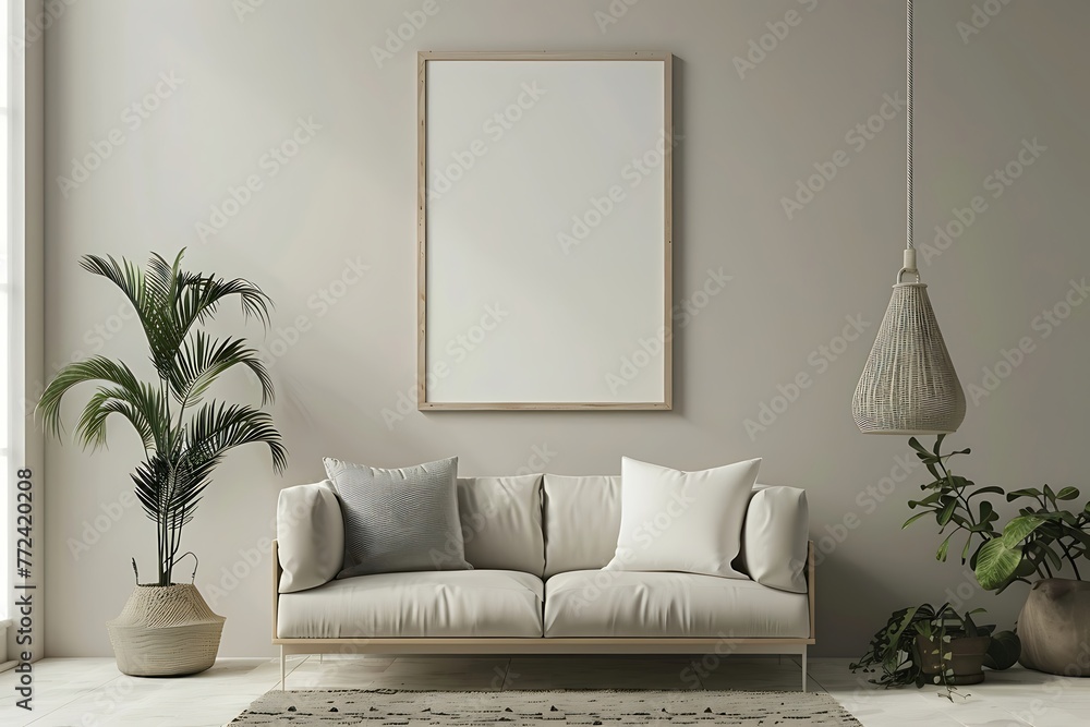 A sizable mockup frame standing behind a sofa, set against a concrete ...
