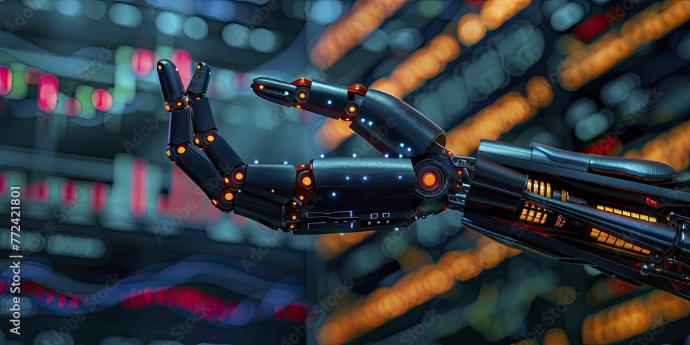 Silhouette of a robotic hand holding a portfolio of stocks, on an ...