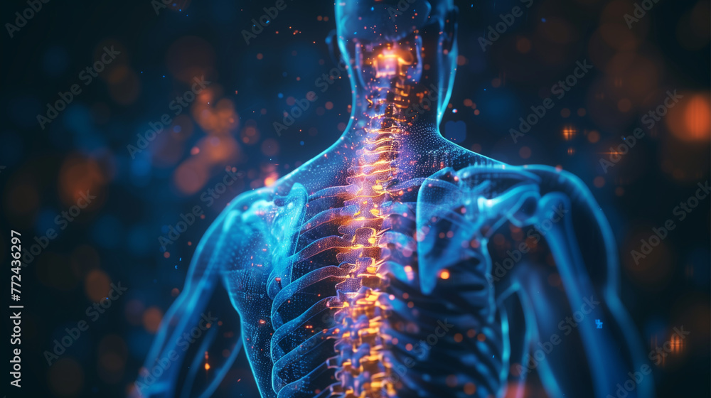 Illustration of back pain, highlighted in blue in the spine area, on a ...
