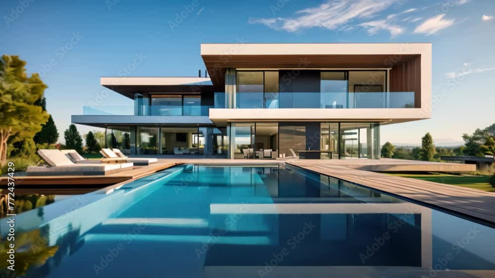 A stunning modern house with an expansive swimming pool, creating the ...