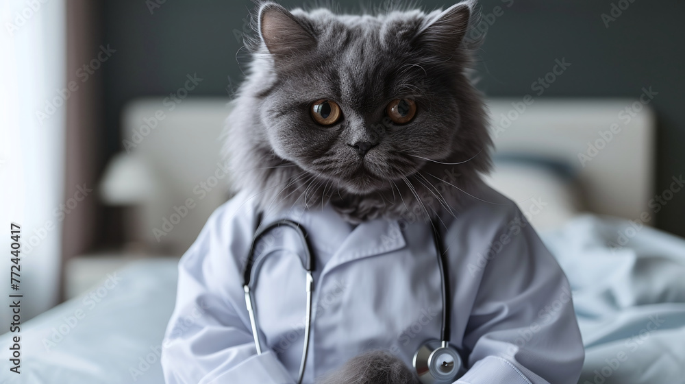 An anthropomorphic persian cat dressed as doctor hyper-realistic, the ...