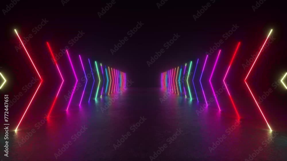 3D animation of neon lights creating a tunnel effect in a dark room ...