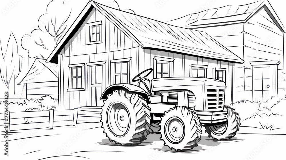 Agrarian silhouette: Outline drawing for coloring, presenting a tractor ...