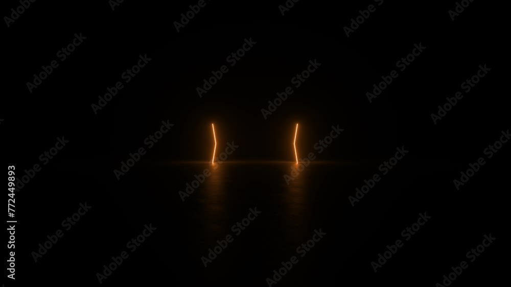 View of a 3D animated dark room with glowing orange lights on a ...