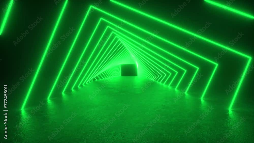 Experience a futuristic tunnel with neon green lights glowing along its ...