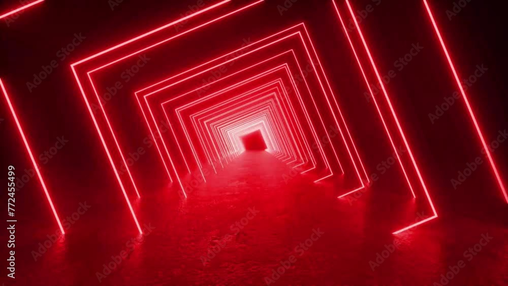 Explore a long tunnel illuminated by red neon tube lights on the ...