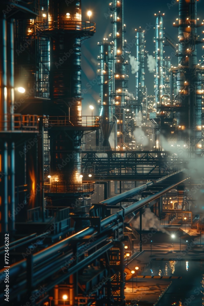 Scifi themed, hyperrealistic gasoil factory side view with holographic ...