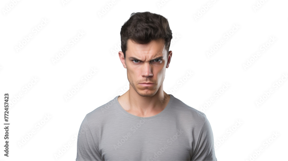 A man with facial hair and beard wearing a grey tshirt is scowling and ...