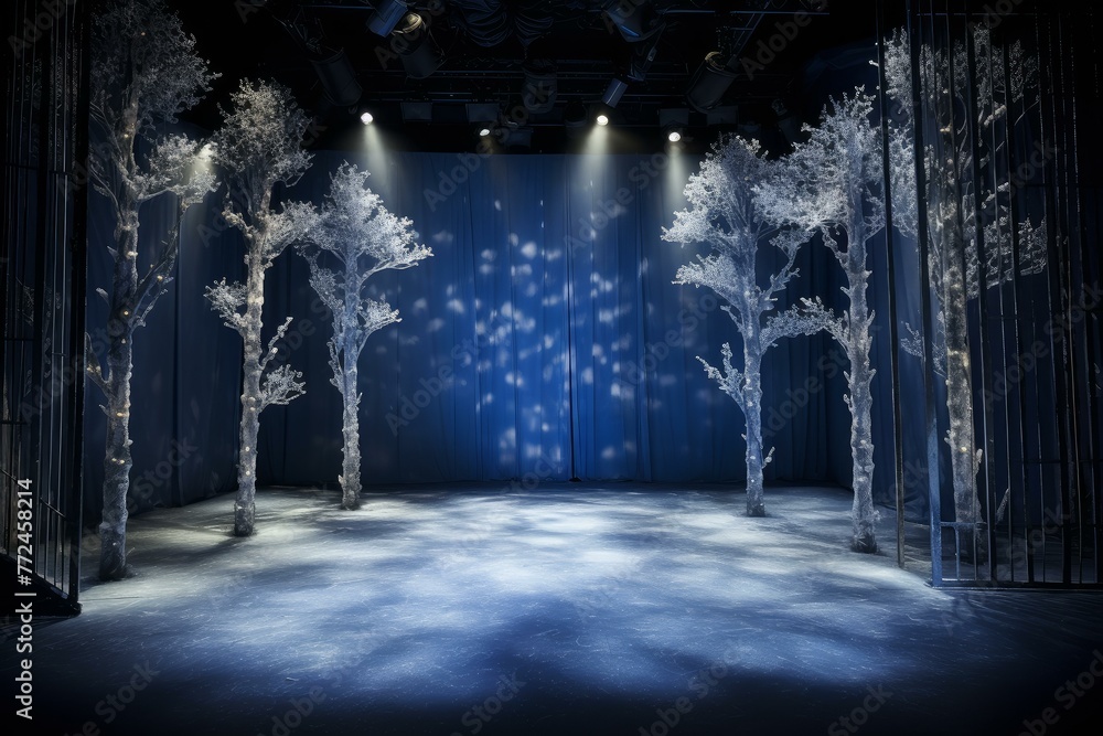 Stage spotlight snow forest stand. Space clean podium floor style ...