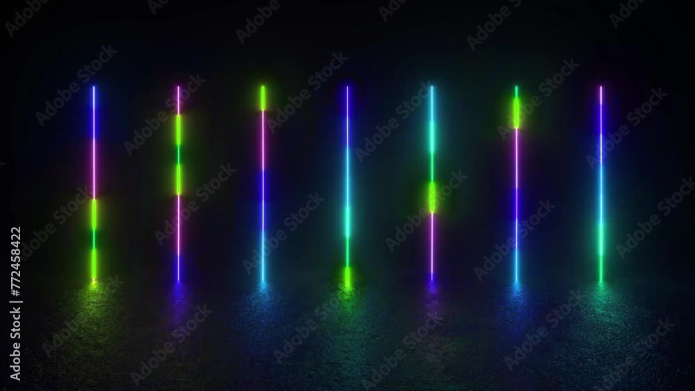 Video „4K group of neon sticks glowing on a concrete floor, futuristic ...