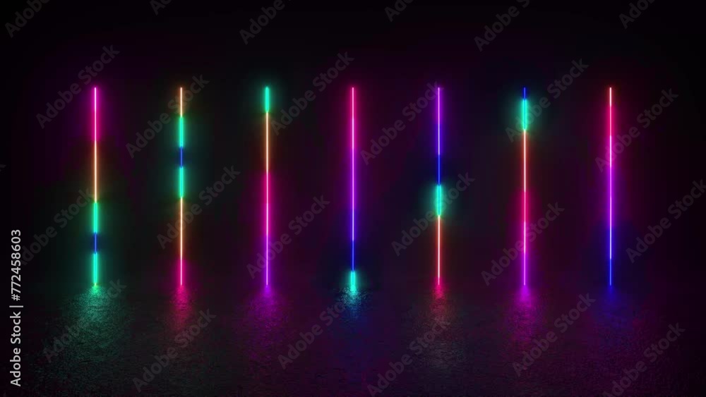 4K group of neon sticks glowing on a concrete floor, futuristic and sci ...