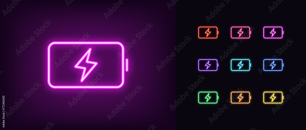 Outline neon battery icon set. Glowing neon electric battery with ...