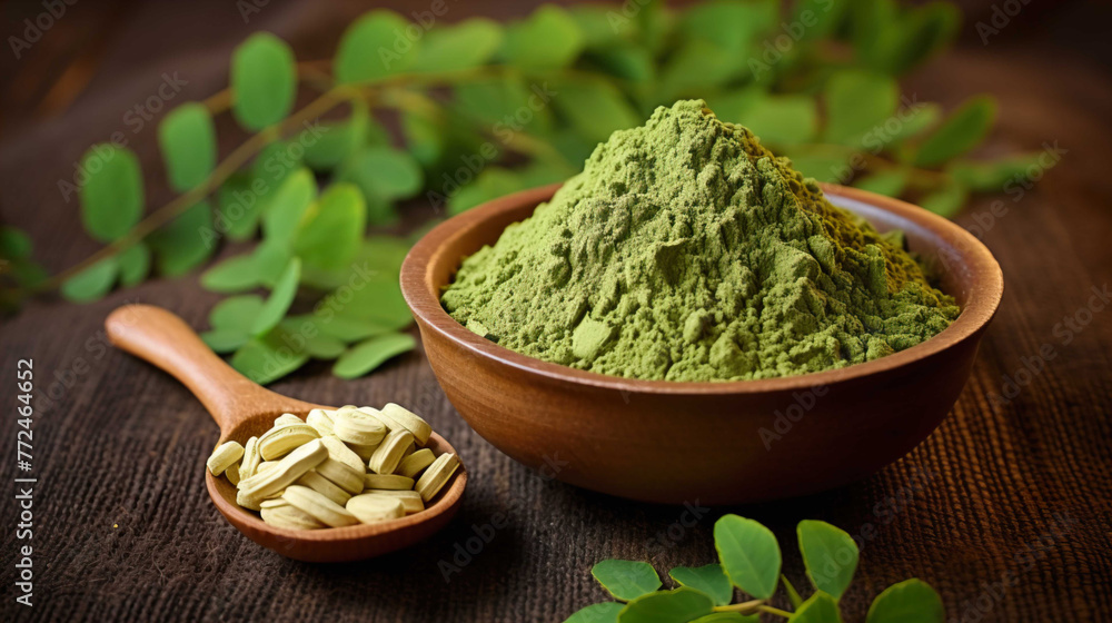 , Moringa oliefera herb leaves, oil and powder Used to treat anemia ...