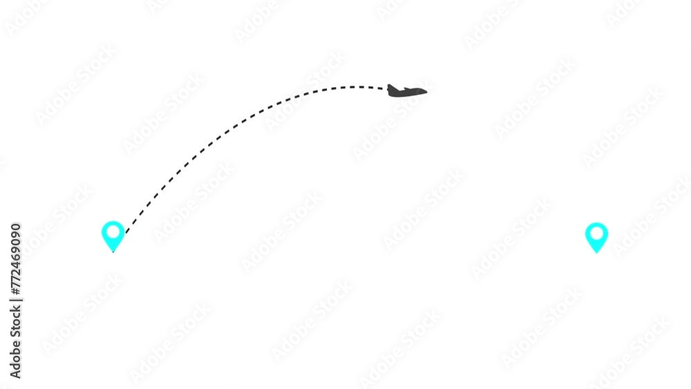 Plane flying on the world map leaving the trail. Route and two points ...