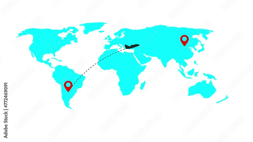 Plane flying on the world map leaving the trail. Route and two points ...