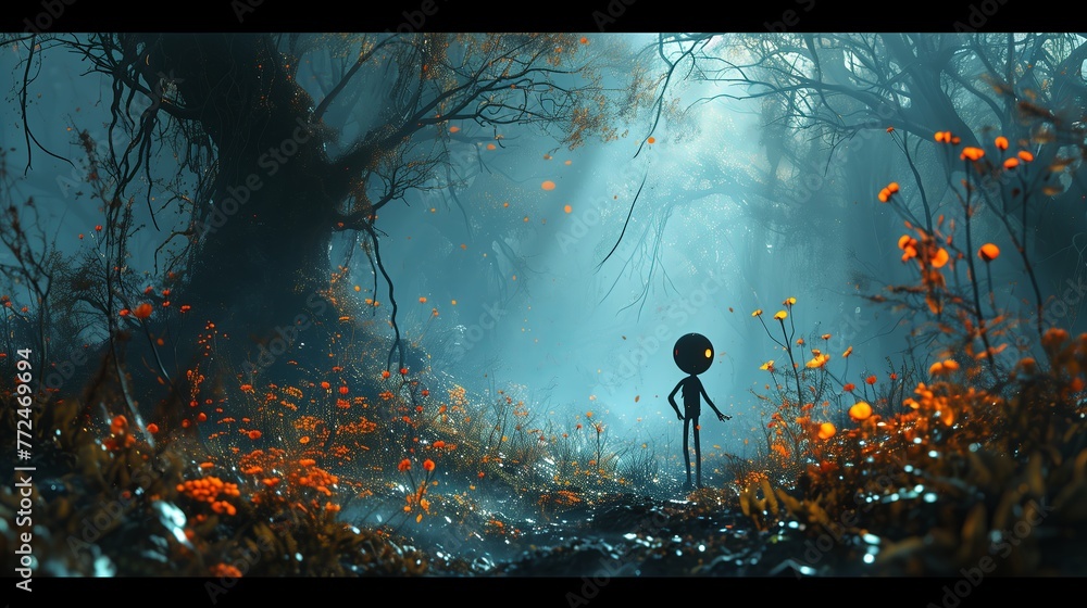 Cartoon character Stickman is standing in middle of a dense forest ...
