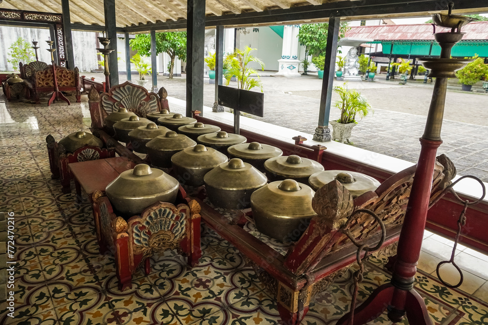 Yogyakarta, Indonesia - February 1, 2024: Collection of Authentic Javanese Gamelan set belongs ...