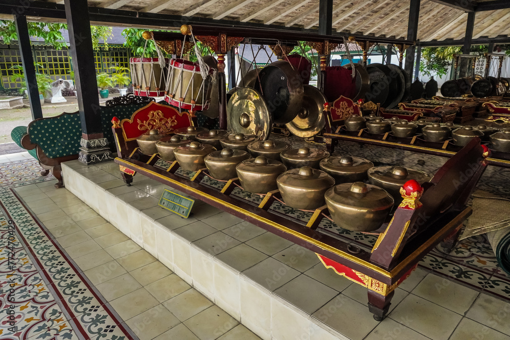 Yogyakarta, Indonesia - February 1, 2024: Collection of Authentic Javanese Gamelan set belongs ...
